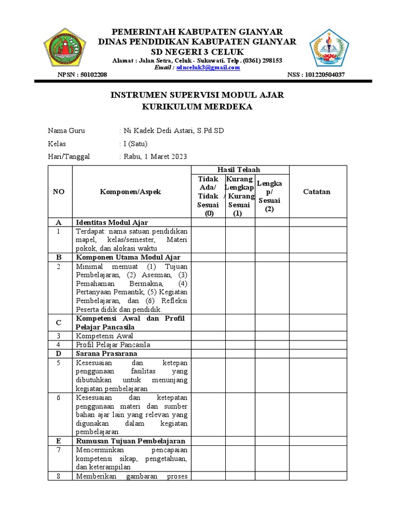 Supervisi Modul Ajar Kurikulum Merdeka | PDF