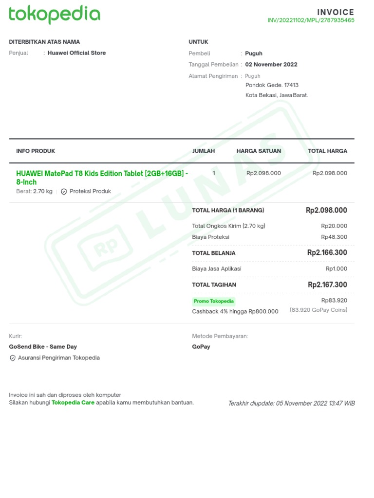Invoice - Huawei Pad 8T For Kids | PDF