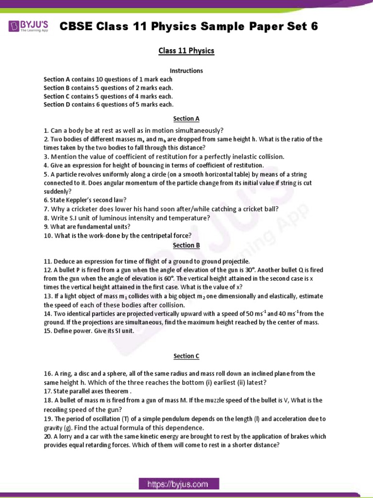 CBSE Class 11 Physics Sample Paper Set 6 | PDF | Collision | Mass