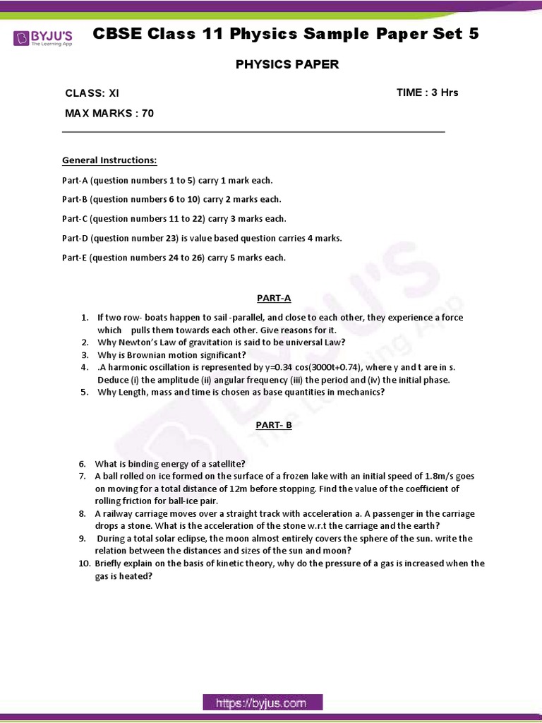 CBSE Class 11 Physics Sample Paper Set 5 | PDF | Force | Rotation ...