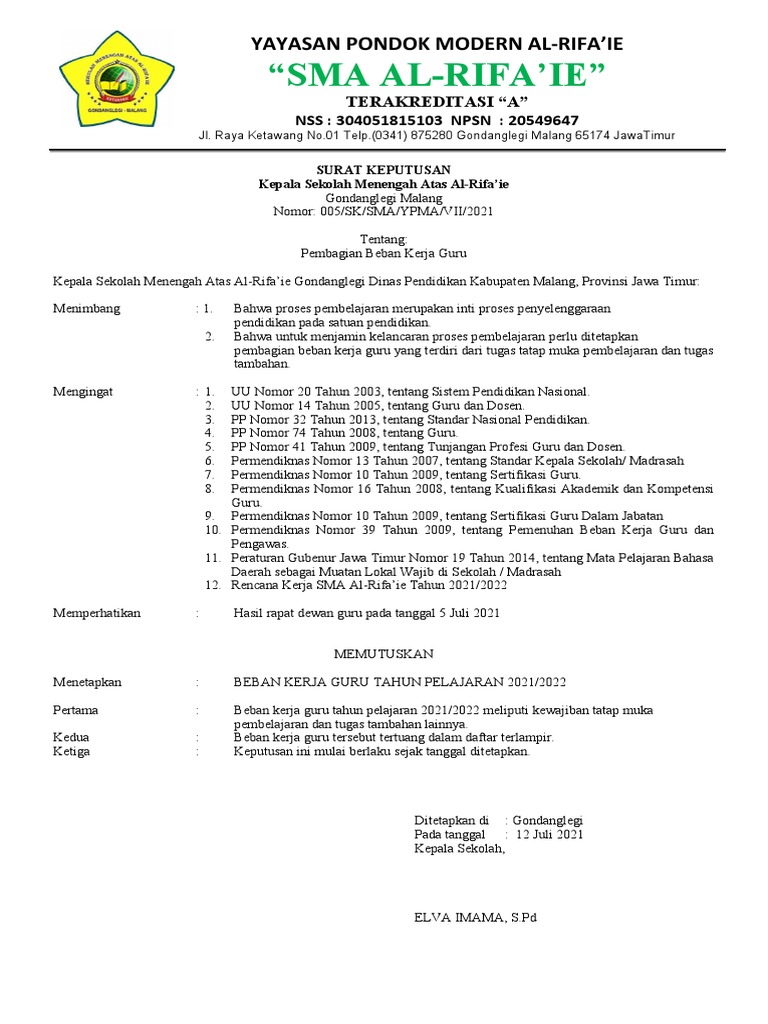 SK Pembagian Jam Mengajar | PDF