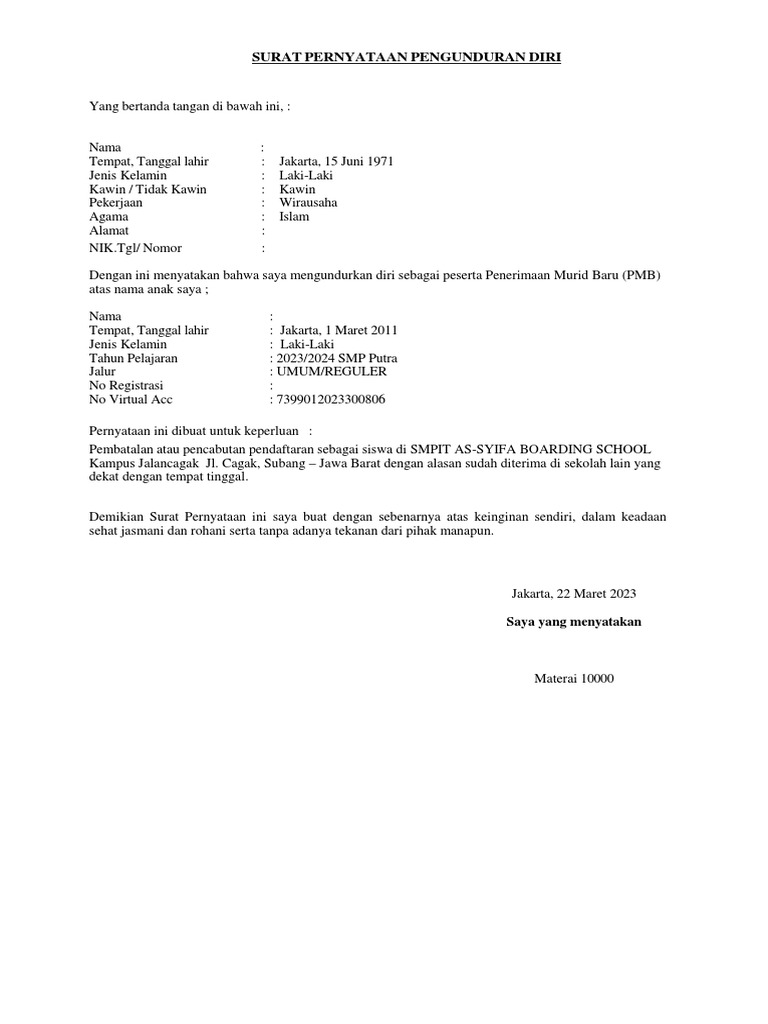 Surat Pengunduran Diri SKTM PPDB | PDF