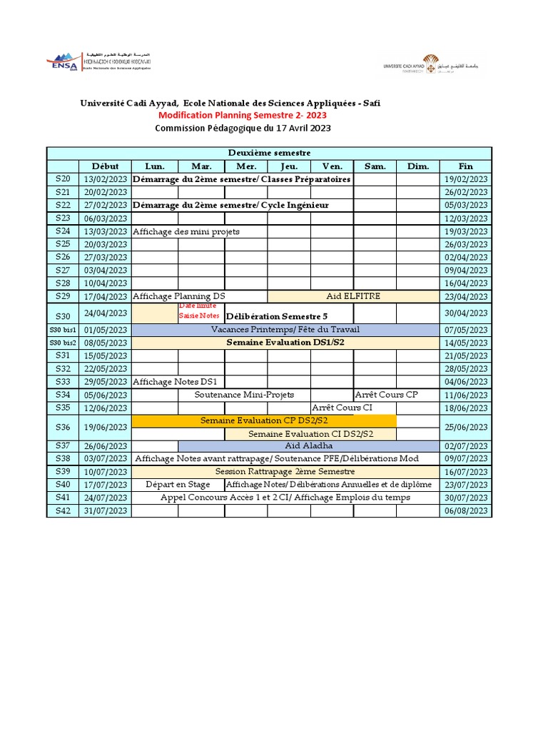 Calendrier du 2ème semestre 2023 | PDF | Niveaux d'enseignement