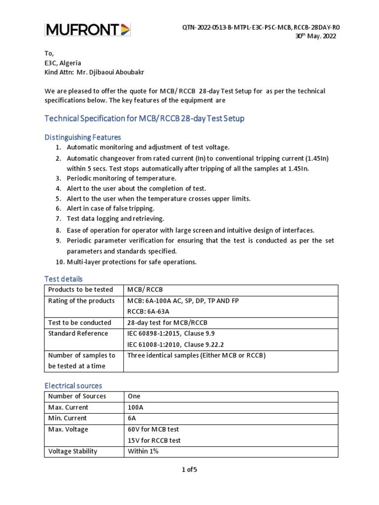 MCB/RCCB 28-Day Test Setup Quote | PDF | Voltage | Electrical Components