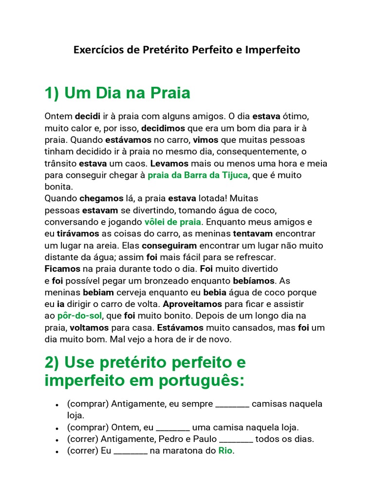 Exercícios de Pretérito Perfeito e Imperfeito | PDF