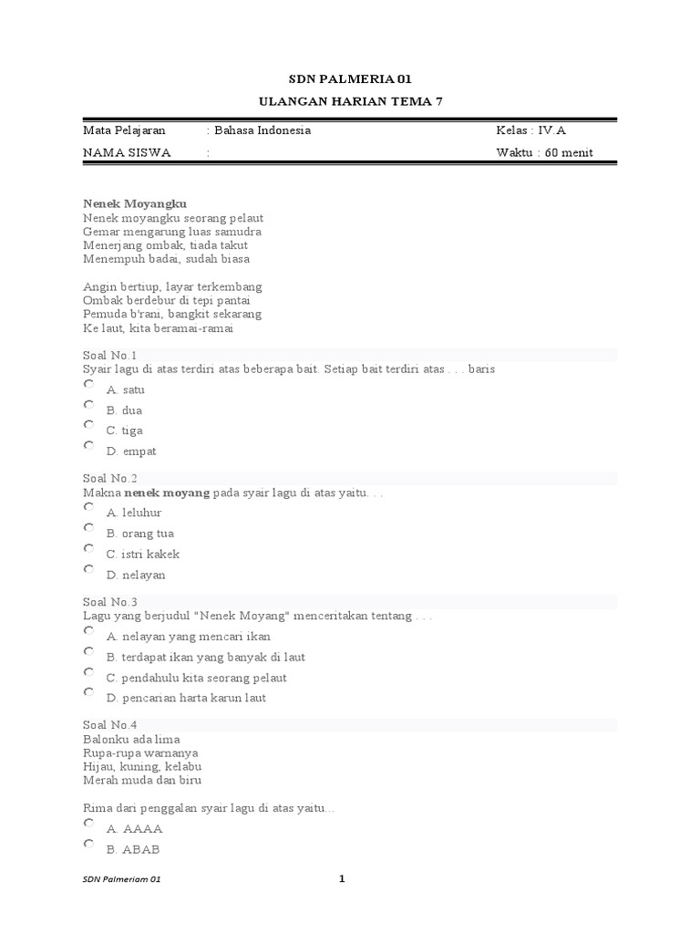 Soal Uh B.indo TM 7 SM 2 KLS 4.a | PDF