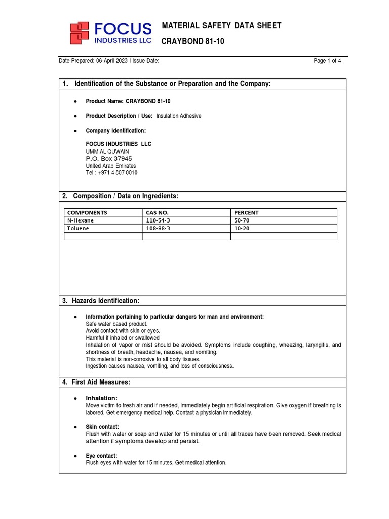 Craybond 81-10 MSDS | PDF | Water | Carbon Dioxide