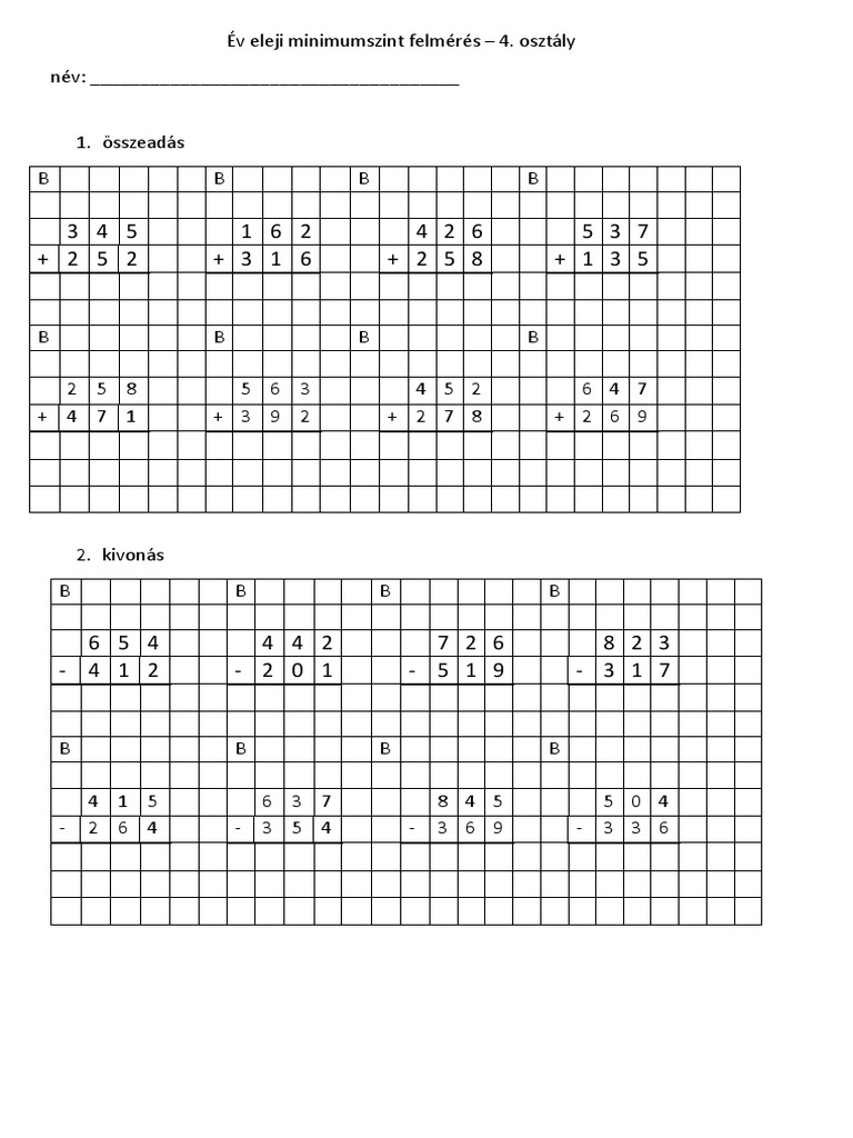 Ev Eleji Minimum Felmeres Matek 4.o | PDF