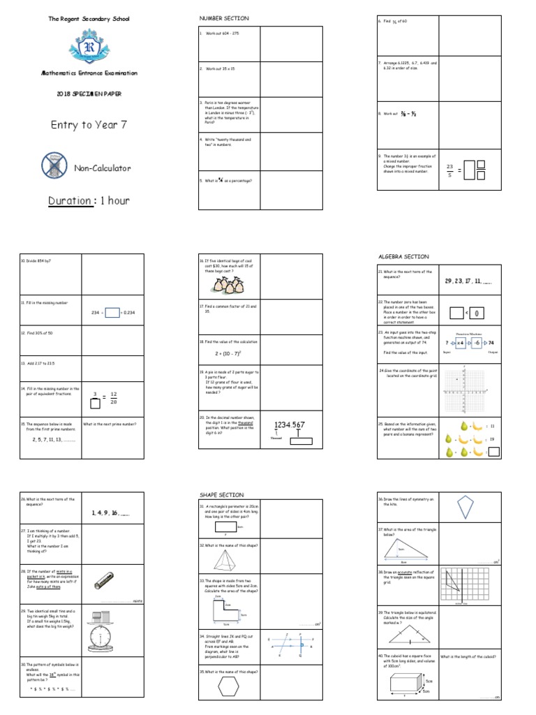 Maths Sample Question Paper - Year 7 Entrance Examination (1) For Alma ...