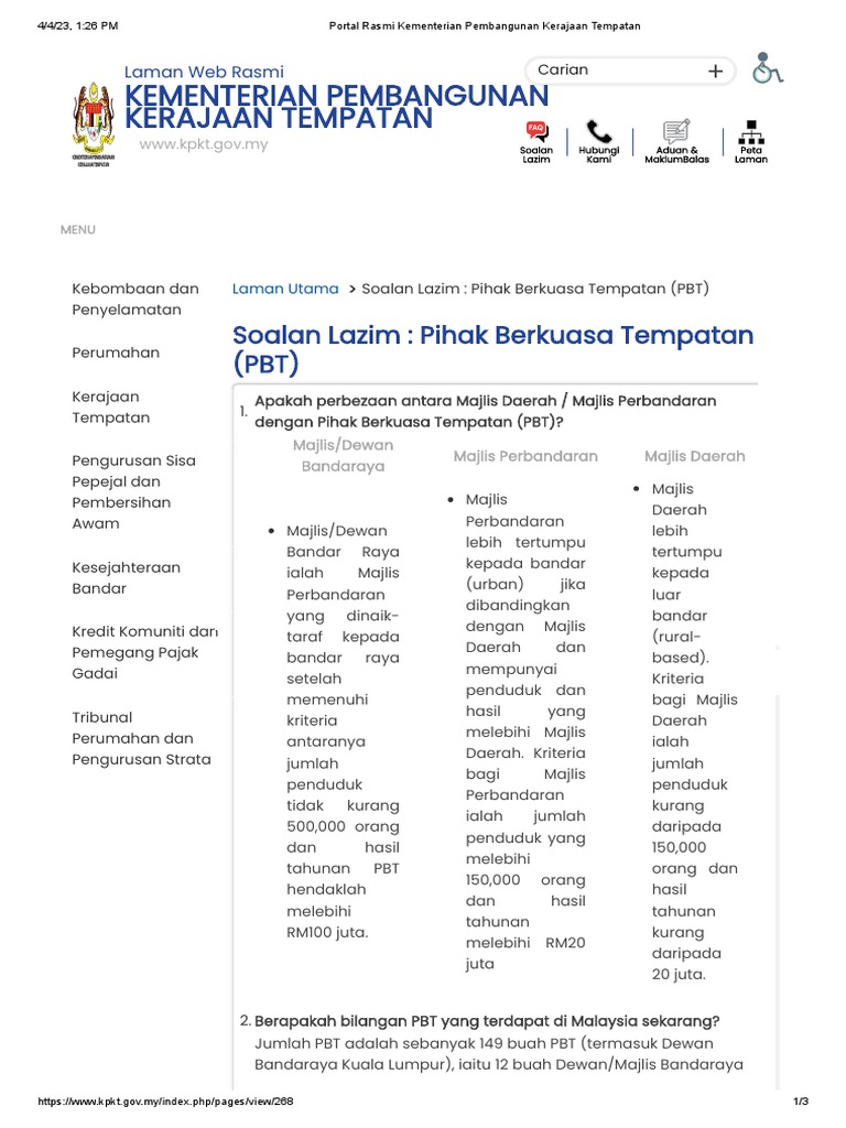 Portal Rasmi Kementerian Pembangunan Kerajaan Tempatan - KRITERIA PBT | PDF