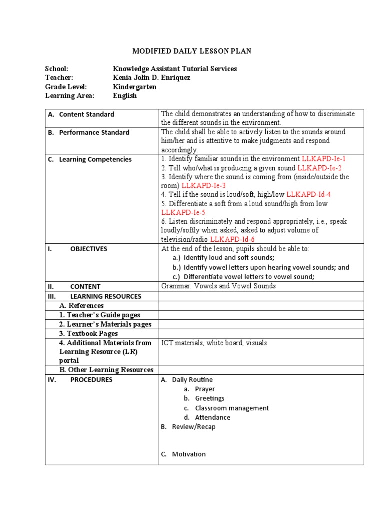 Kindergarten Daily Lesson Plan: Sounds | PDF | Teachers | Learning