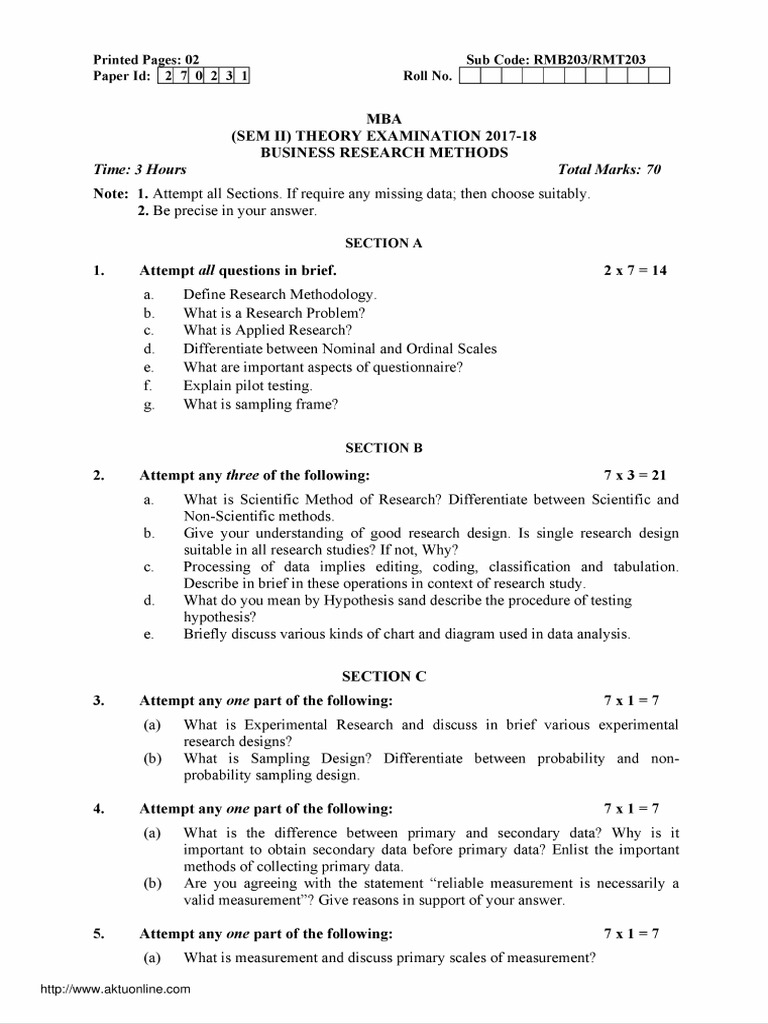 Mba 2 Sem Business Research Methods RMB 203 2017 18 | PDF