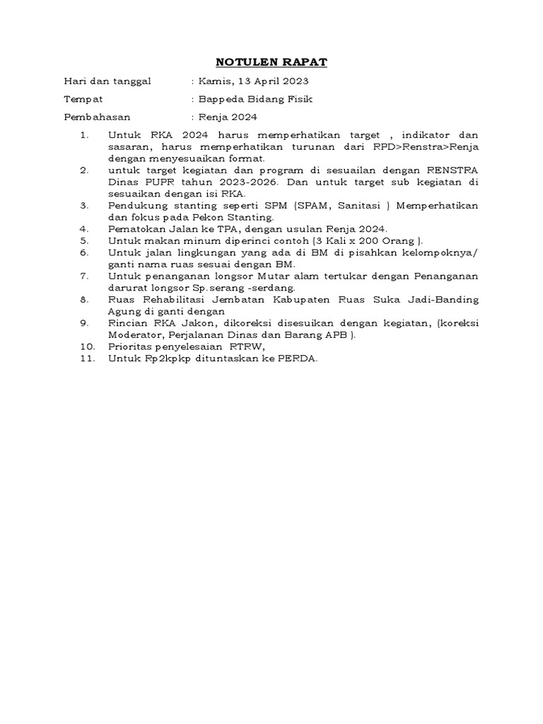 NOTULEN RAPAT dinas pupr 2023 | PDF
