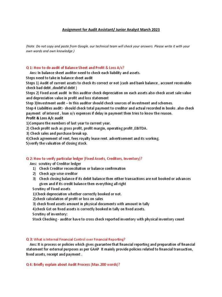 Assignment For Audit Assistant | PDF | Audit | Debits And Credits
