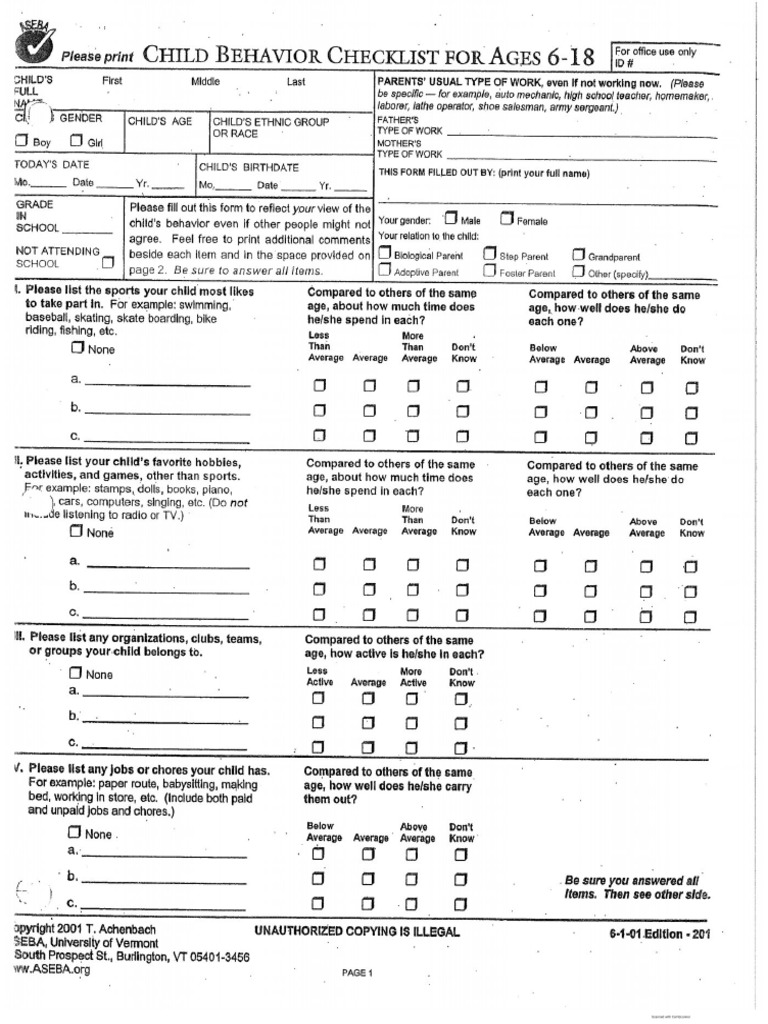 Child Behavior Checklist For Ages 6-18 | PDF