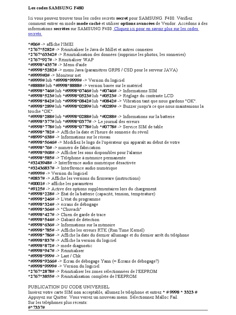 Codes Secrets pour Samsung F480 | PDF | Bug (informatique) | Matériel ...