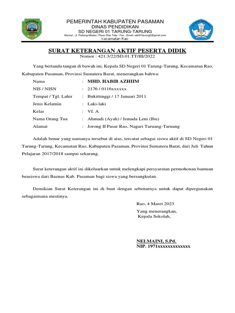 Contoh Surat Aktif Siswa SD | PDF