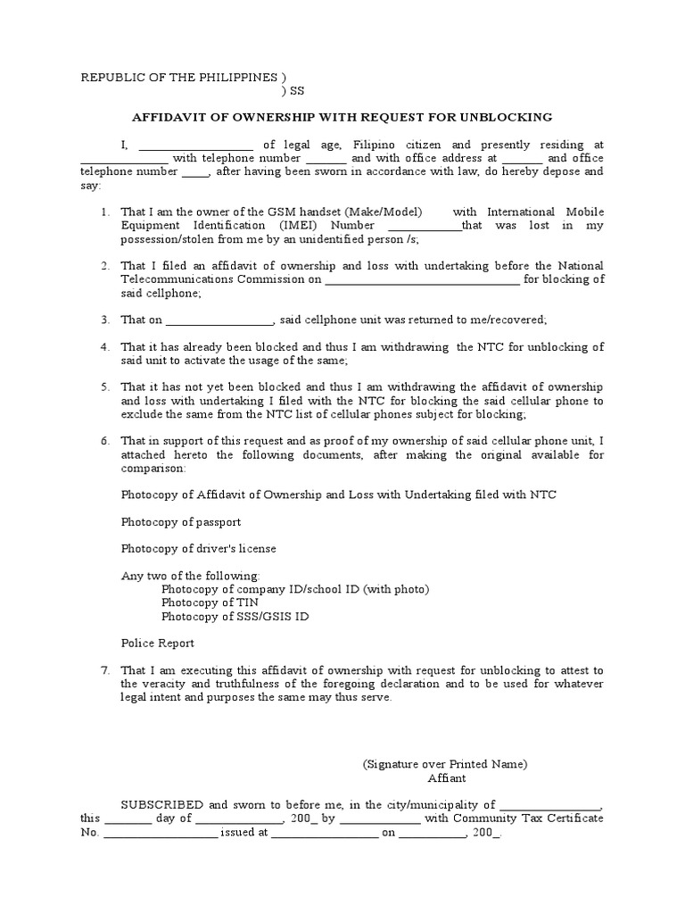 Affidavit for Mobile Phone Unblocking | PDF | Affidavit | Mobile Phones