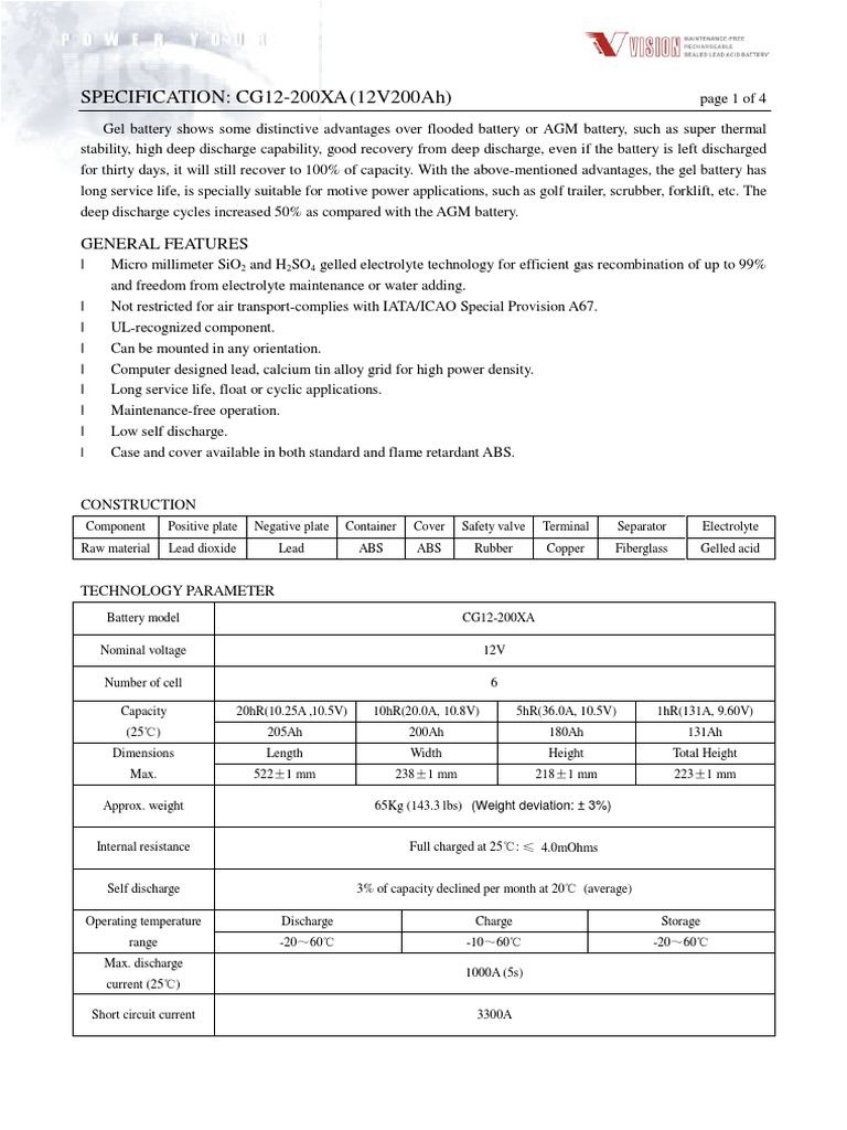 CG12-200XA Gel Battery Specifications | PDF