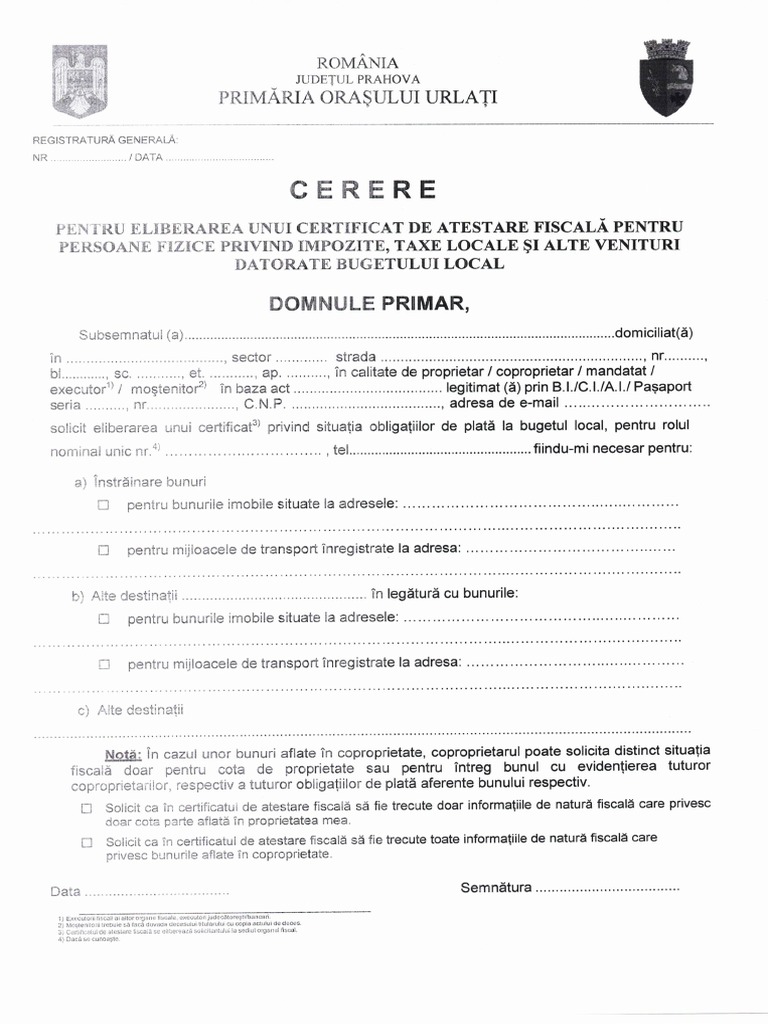 Cerere Adev Rol Si Certificat Fiscal | PDF