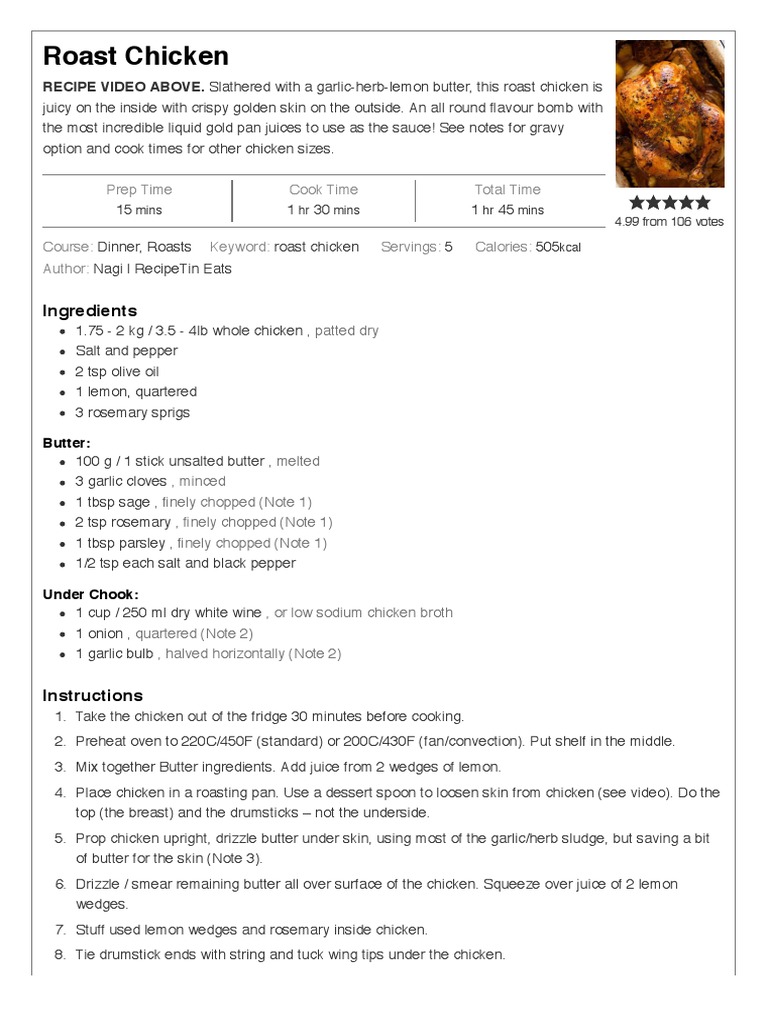 Roast Chicken Recipe Guide | PDF | Cooking, Food & Wine