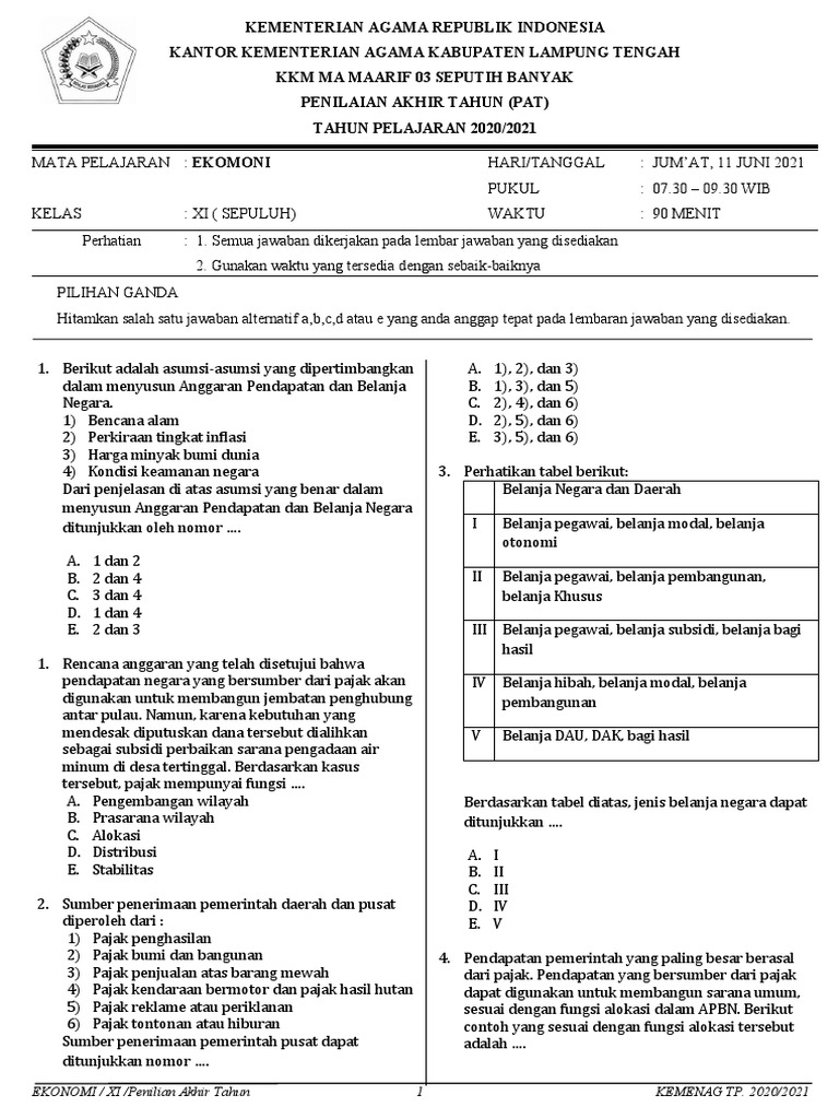 Soal Ekonomi Kelas Xi Iis 1 & 2 | PDF | Pengelolaan Keuangan & Uang