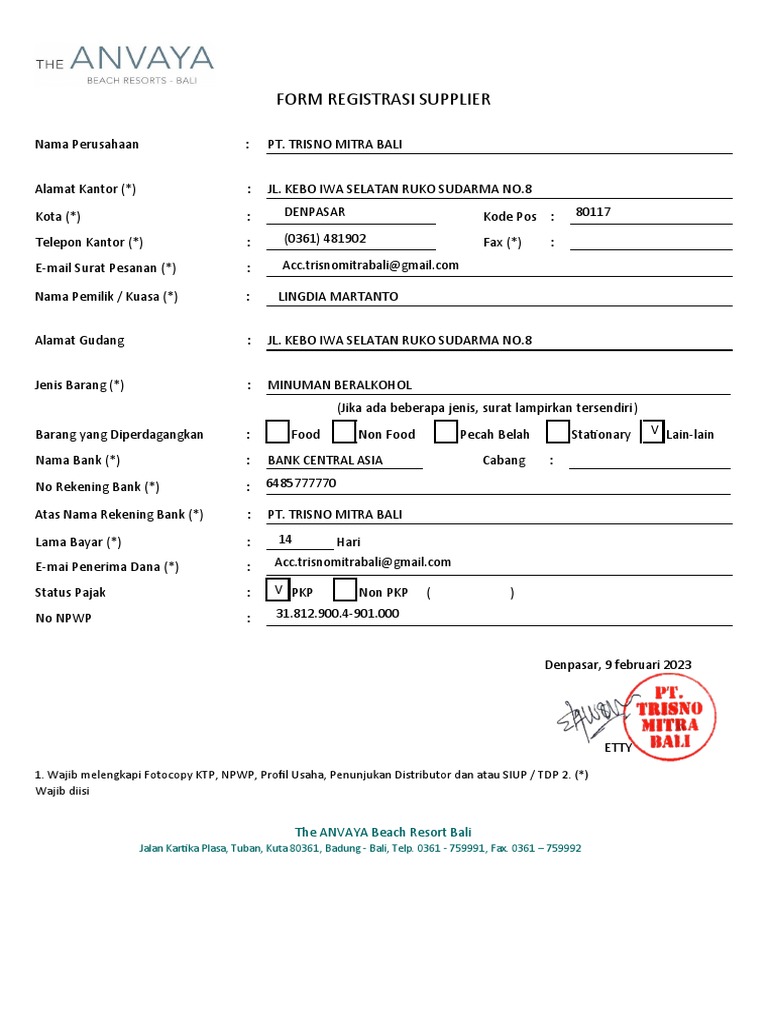 Form Register Supplier | PDF