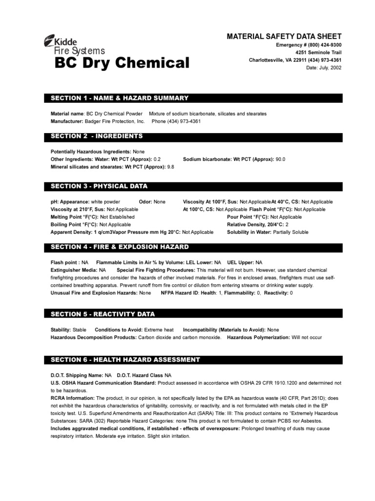 BC Dry Chemical Msds Sheet-1 | PDF | Hazards | Hazardous Waste
