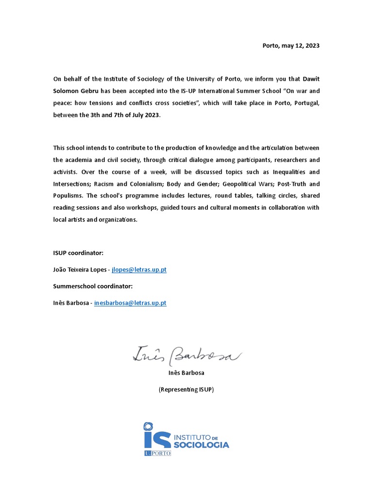 Dawit Solomon Gebru - Invitation Letter SummerSchool 2023S | PDF