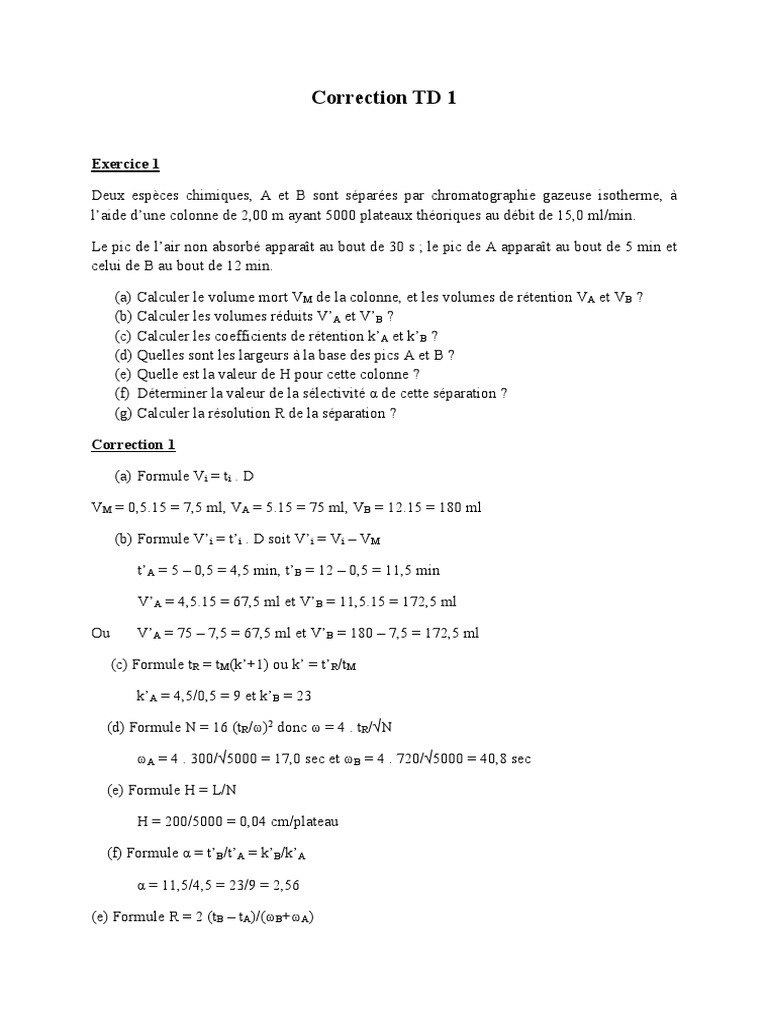 Chromatographie gazeuse : Calculs et Résultats | PDF | Chromatographie ...