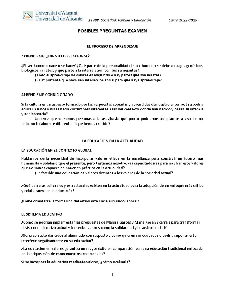 2021-22. SFE. Posibles Preguntas Examen C3 | PDF | Familia | Maestros