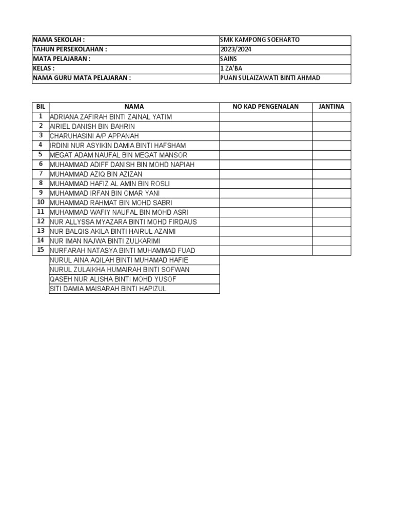 Borang Rekod Transit Tingkatan 1 ZAABA | PDF