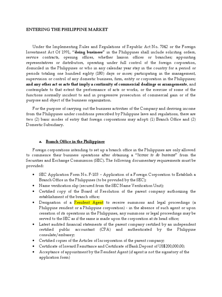 Philippine Market Entry Guide | PDF | Corporations | Subsidiary