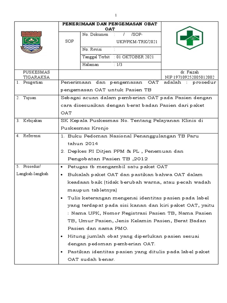 SOP Penerimaan OAT Puskesmas | PDF