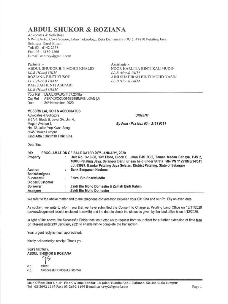 Letter From Messrs Abdul Shukor & Roziana Dated 24-11-2020 | PDF
