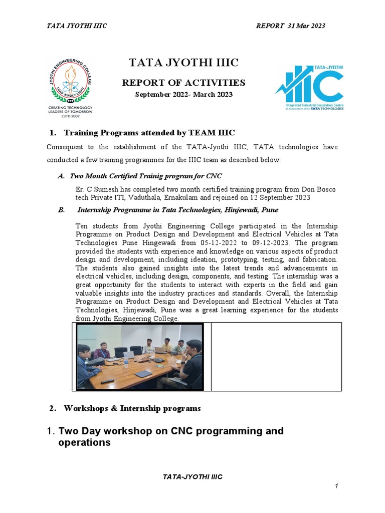 TATA Jyothi IIIC Activities Report 2023 | PDF | Engineering | Internship
