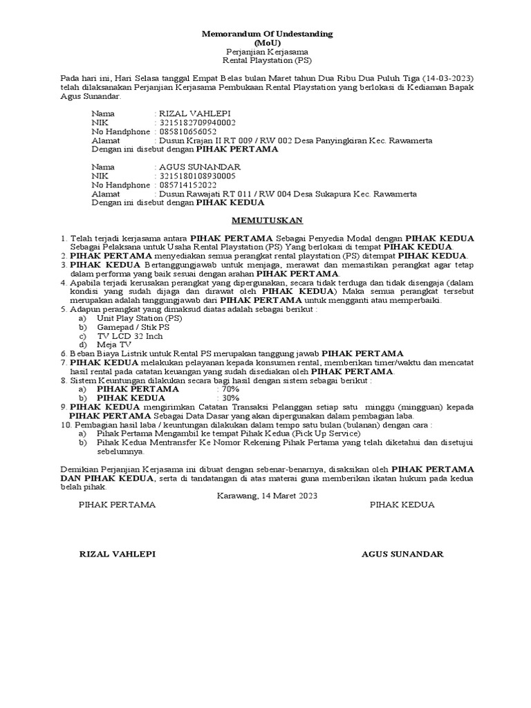 Memorandum of Undestanding PS 3 AGUS SUNANDAR | PDF