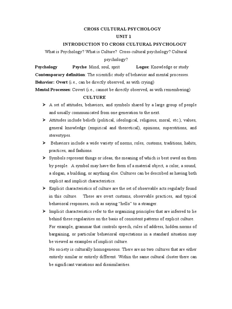 Cross Cultural Psychology Unit 1 & 2 Material | PDF | Psychology ...
