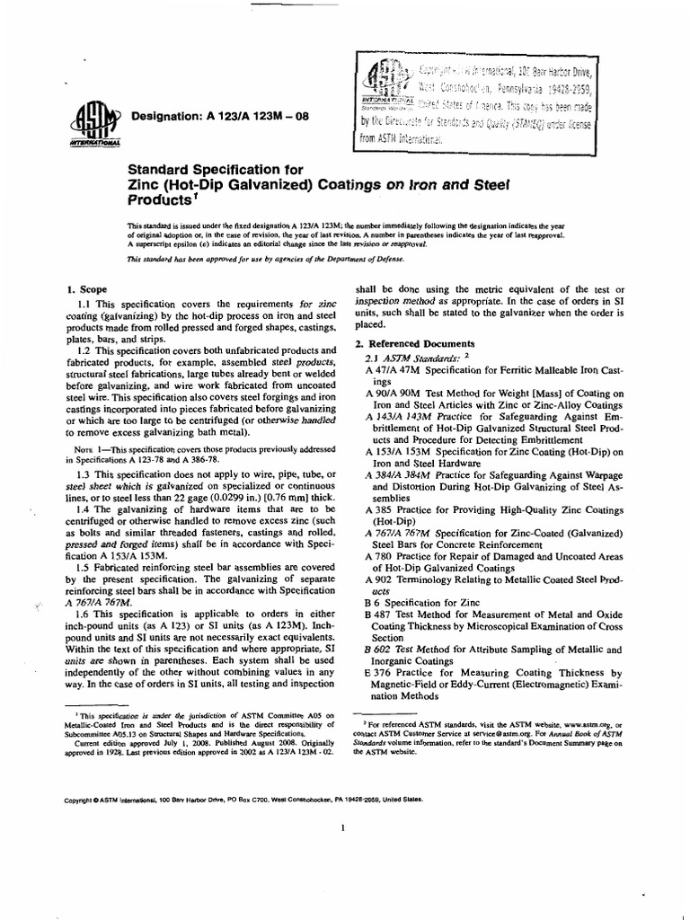 ASMT A 123 - A 123M-08 Standard Specification For Zinc - Hot - Dip Galvanized - Coatings On Iron ...