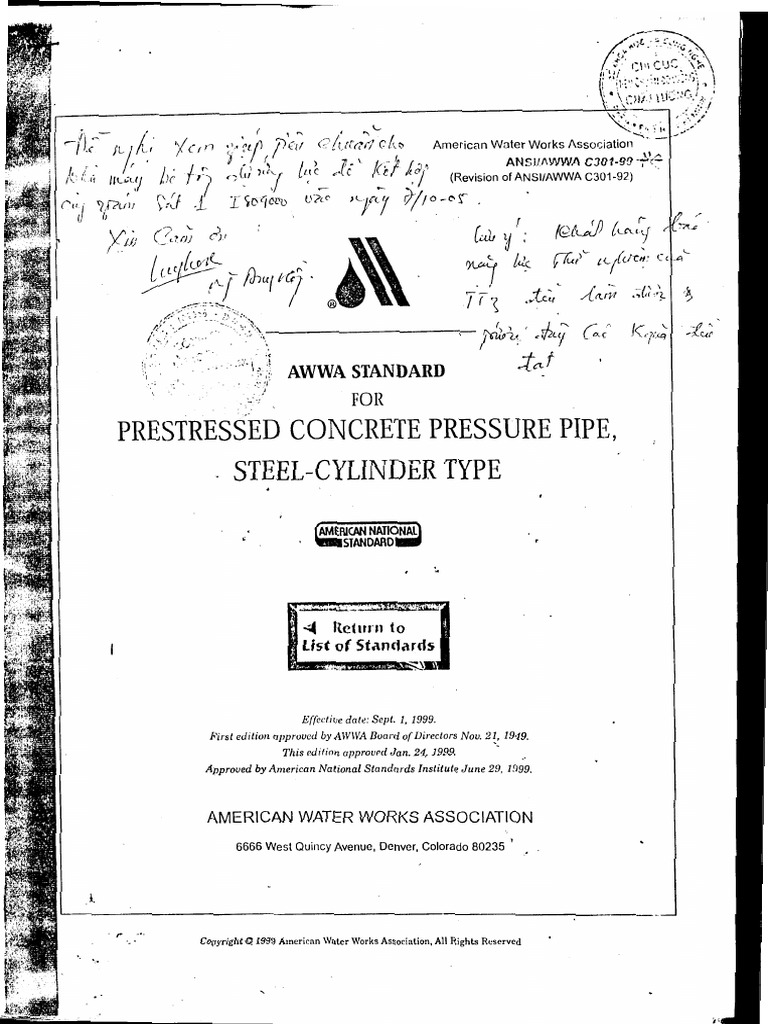 ANSI - AWWA C 301-99 Prestressed Concrete Pressure Pipe Stell ...