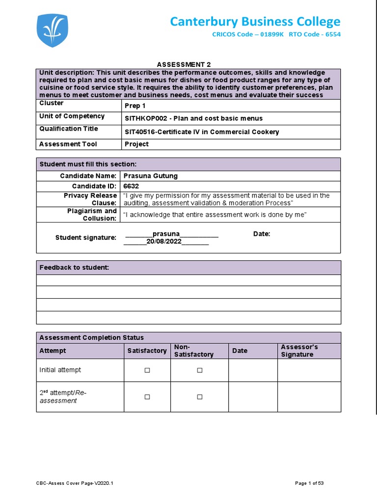 SITHKOP002 - Ass 2 - Project - Plan and Cost Basic Menus - v1.2022 (1 ...
