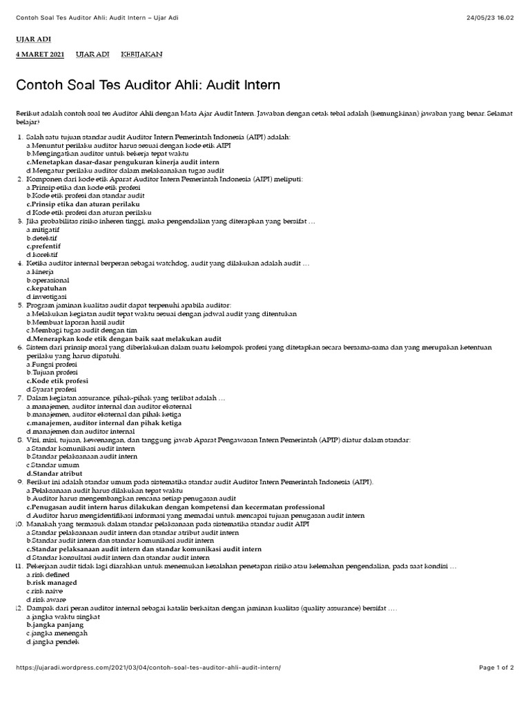 Contoh Soal Tes Auditor Ahli: Audit Intern | PDF | Bisnis