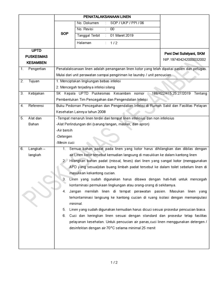 SOP LINEN Penatalaksanaan Linen | PDF