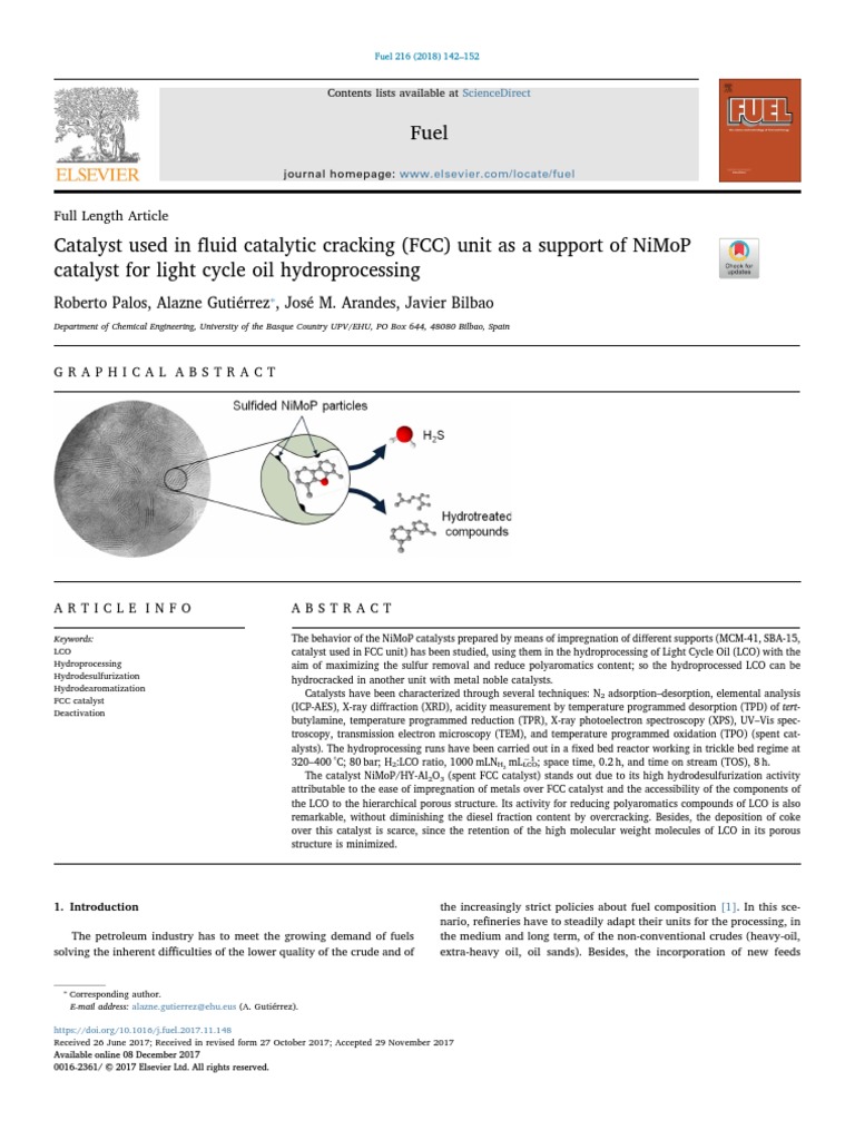 Catalyst Used in Fluid Catalytic Cracking (FCC) Unit As A Support of NiMoP Catalyst For Light ...