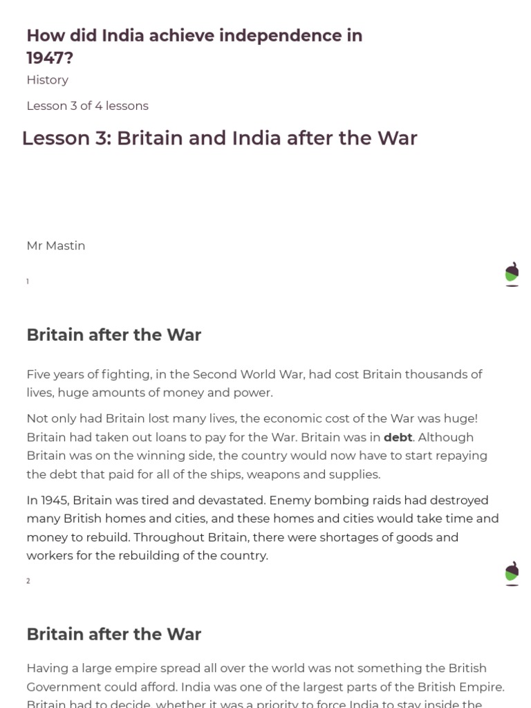 History ks3 Lesson His Y9 U16 l3 | PDF | Jawaharlal Nehru | British Empire