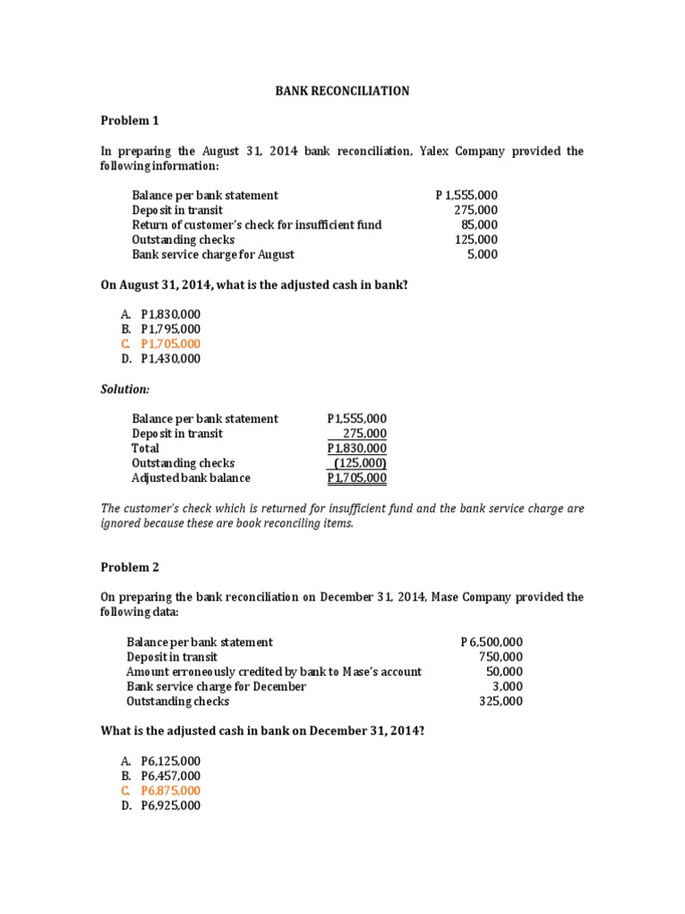 Bank Reconciliation Problem 1: Solution | PDF