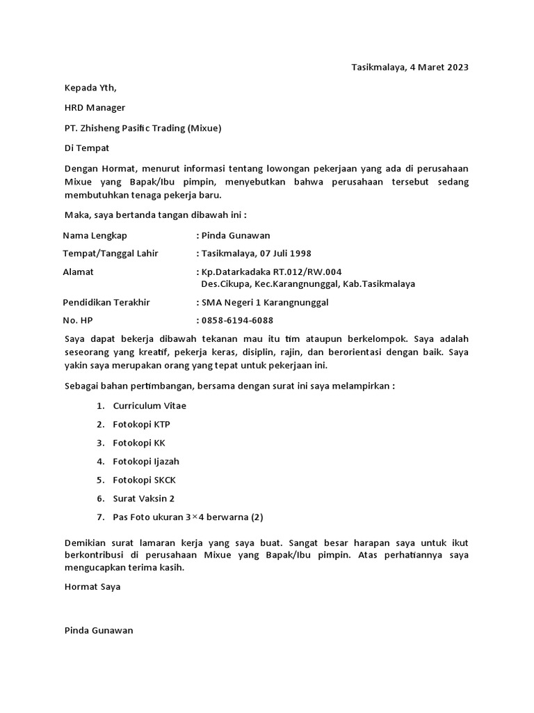 Surat Lamaran Mixue - Pinda Gunawan | PDF Surat Lamaran Mixue - Pinda Gunawan | PDF