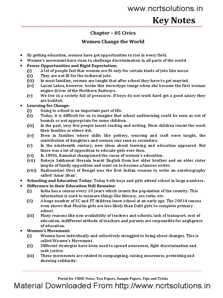 07 Social Science Civics Key Notes ch05 Women Change The World | PDF