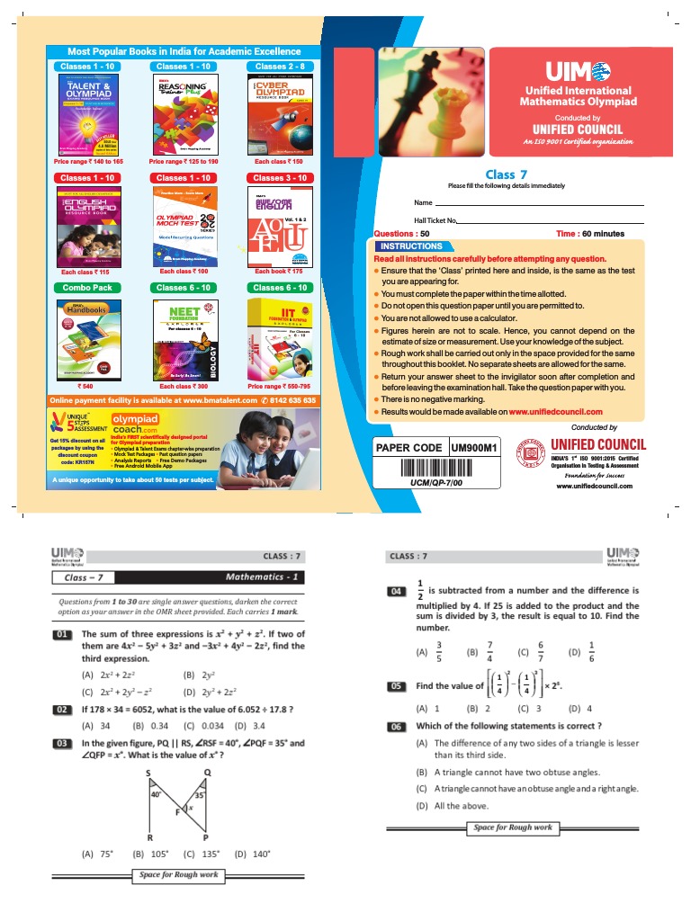 Class 7 Unified Olympiad Instructions | PDF | Triangle | Perpendicular