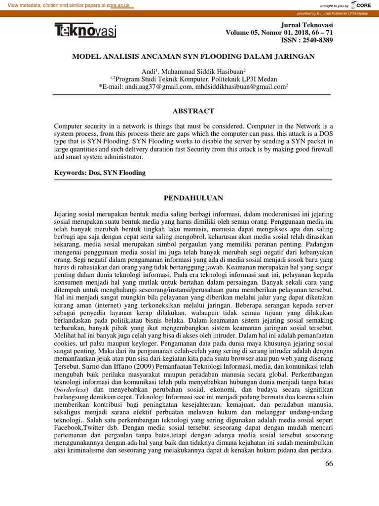 Model Analisis Ancaman Syn Flooding Dala | PDF